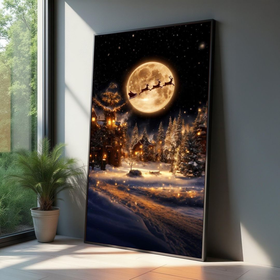 Moonlit Christmas Art Santa's Sleigh and Reindeer Winter Village Wall ...